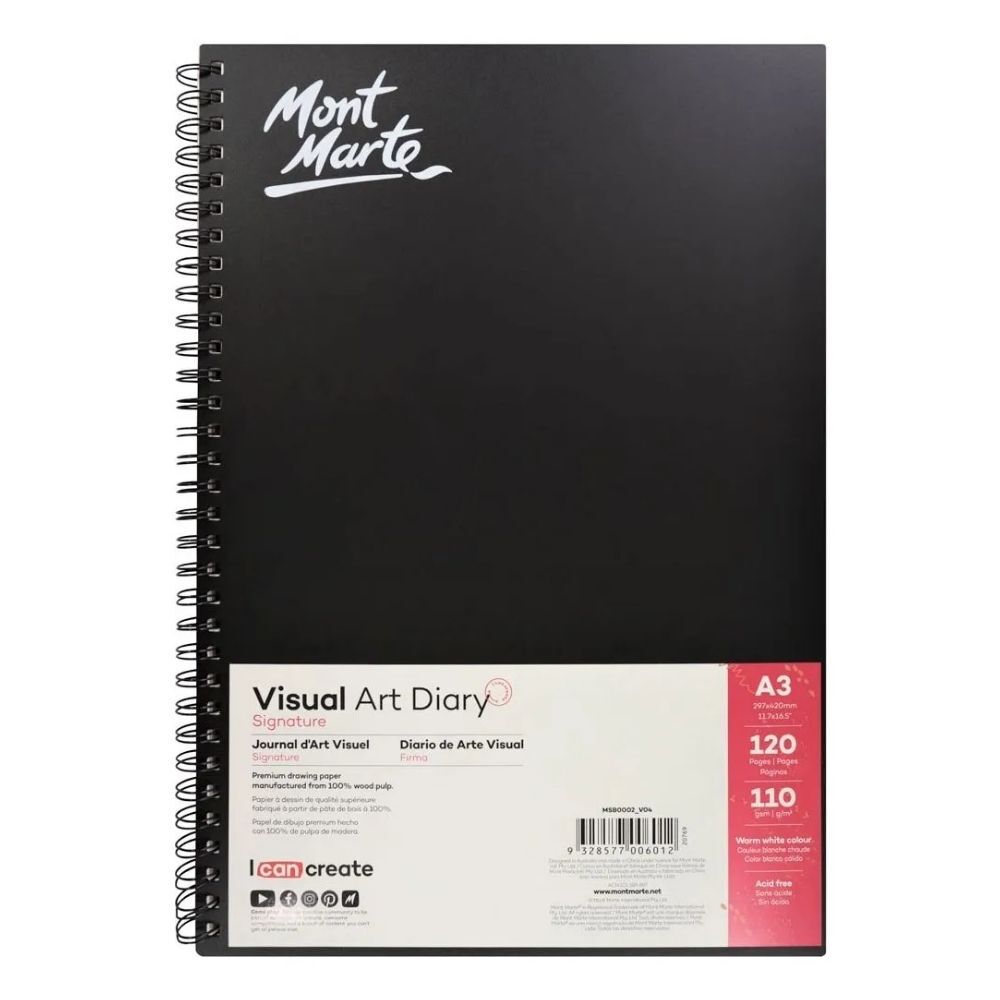 Mont Marte Visual Art Diary Spiral Bound White Paper A3 110gsm 120 She ...